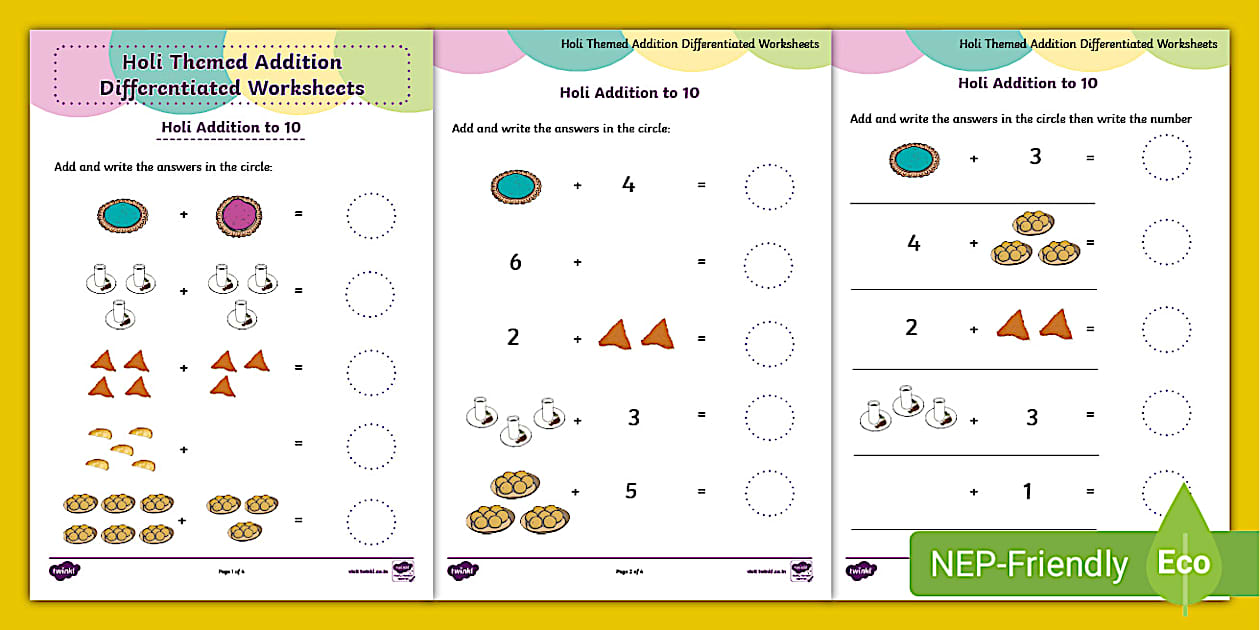 Holi Themed Addition With Pictures Differentiated Worksheets
