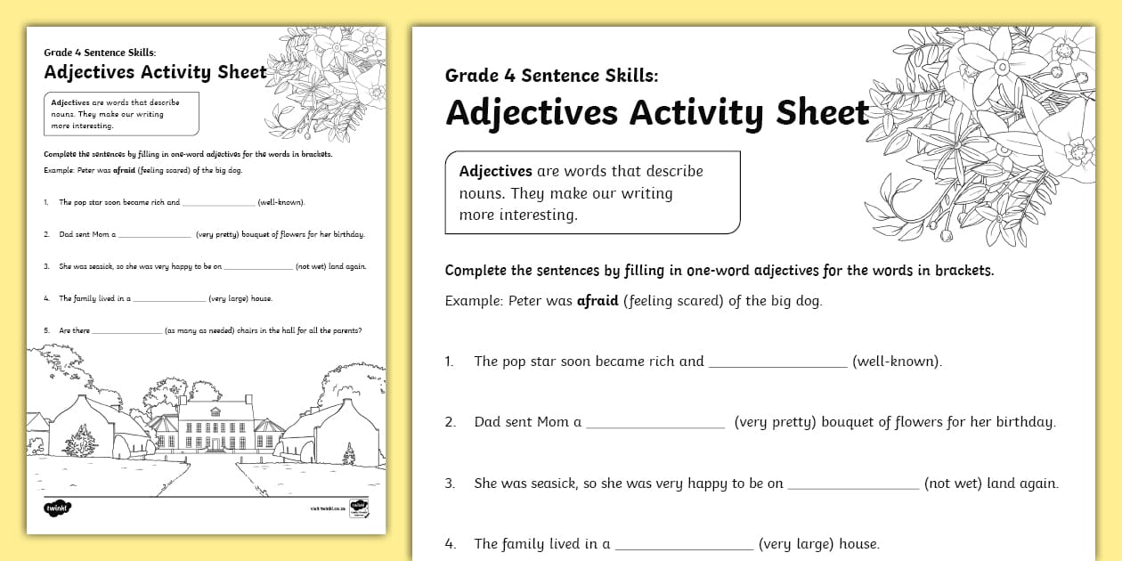Grade 4 Sentence Skills: Adjectives Activity Sheet - Twinkl