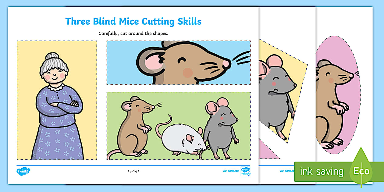 Black and White Three Blind Mice Cutting Skills Worksheet