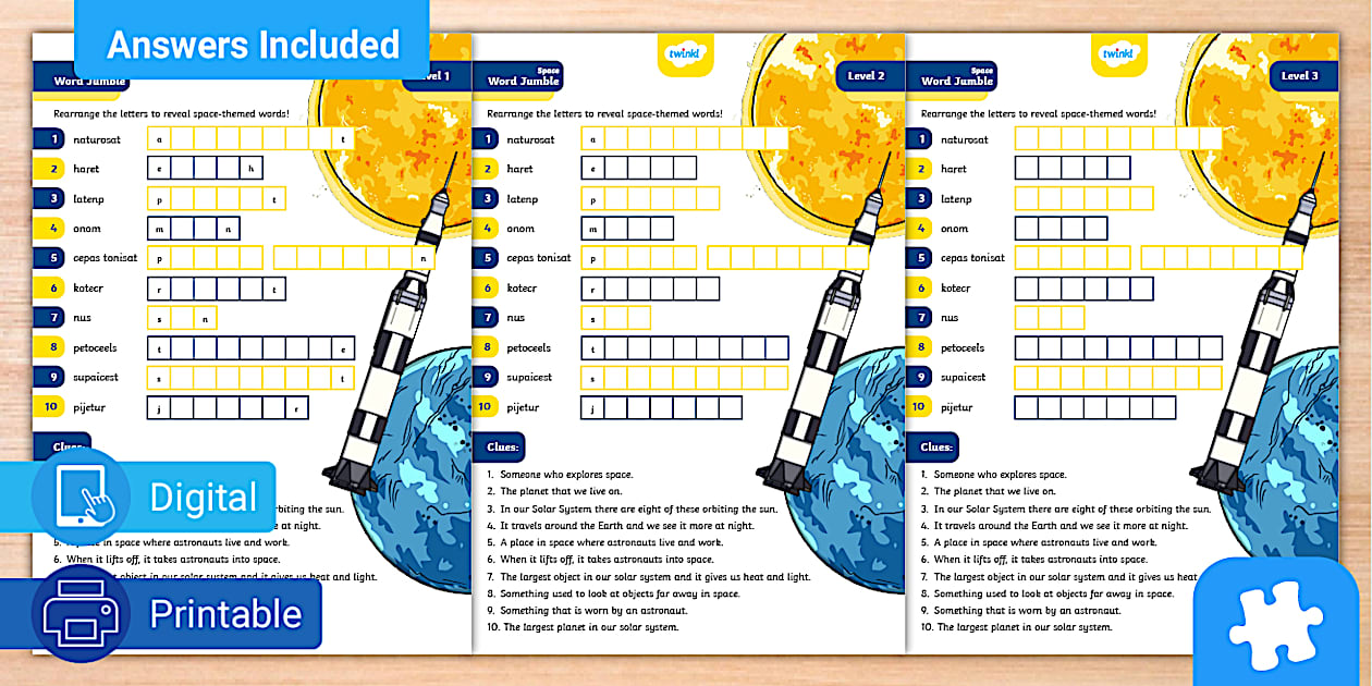 Space Themed Fun Word Jumble Puzzle - AL - Twinkl Puzzled