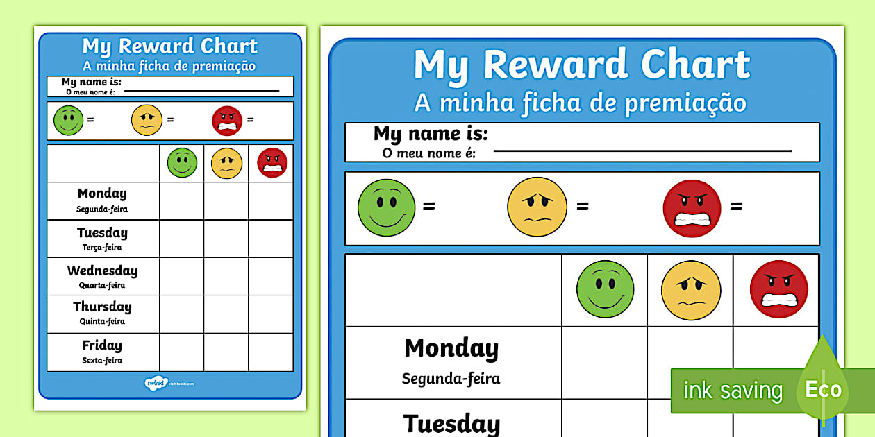 Editable Reward Chart Worksheet English/Portuguese - Editable Reward Chart