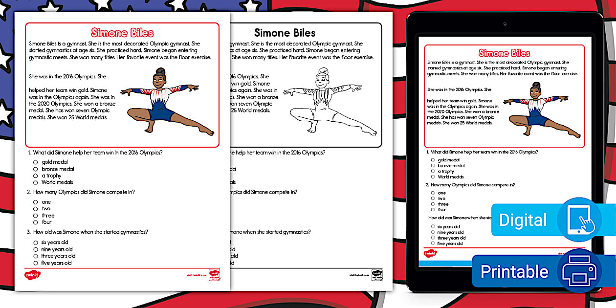 Kindergarten Simone Biles Reading Passage Comprehension