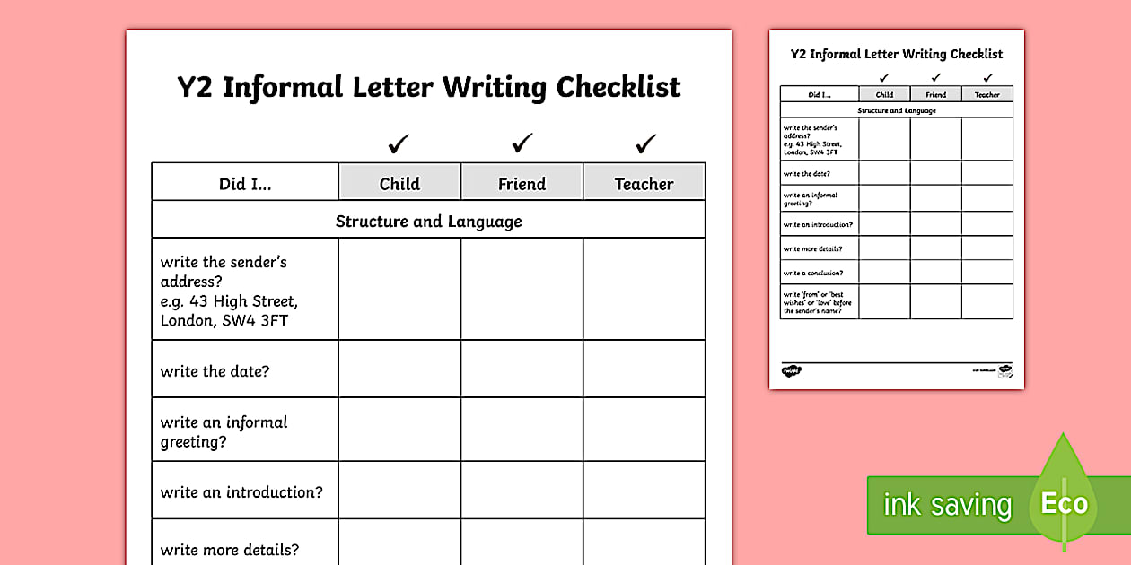 Editable Year 2 Informal Letter Writing Checklist - Twinkl