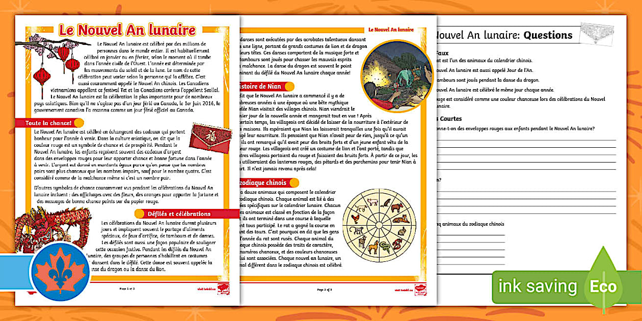 Lunar New Year Reading Comprehension French
