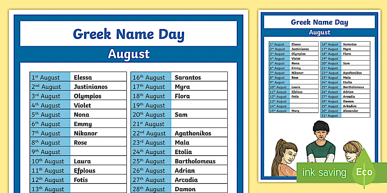Black and White August Greek Name Day Display Poster