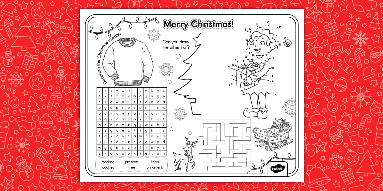 Christmas Party Activity Place Mat for K-2nd Grade - Twinkl