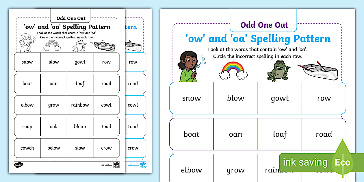 'ow' and 'oa' Spelling Pattern Odd One Out Worksheet