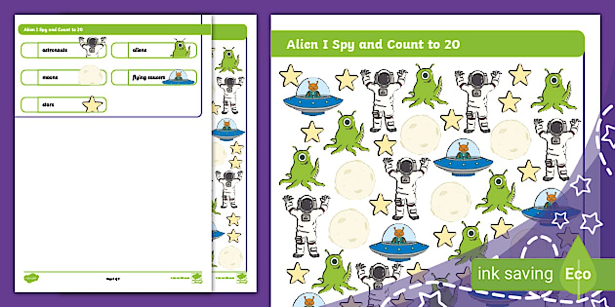 Black and White Alien Counting Activity | Alien I Spy and Count to 20