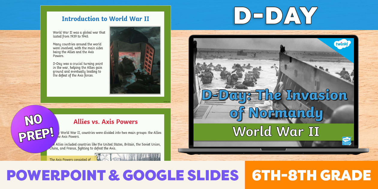 D-Day Informational PowerPoint and Google Slides for 6th-8th