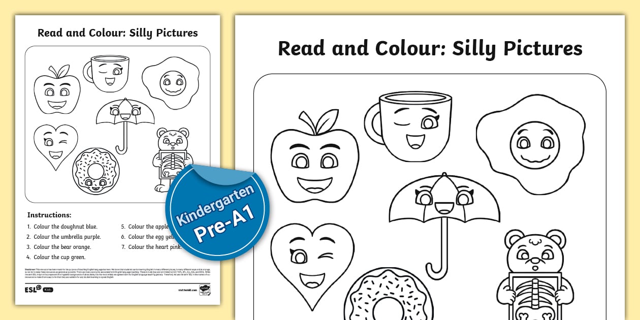 ESL Read and Colour: Silly Pictures (Teacher-Made) - Twinkl