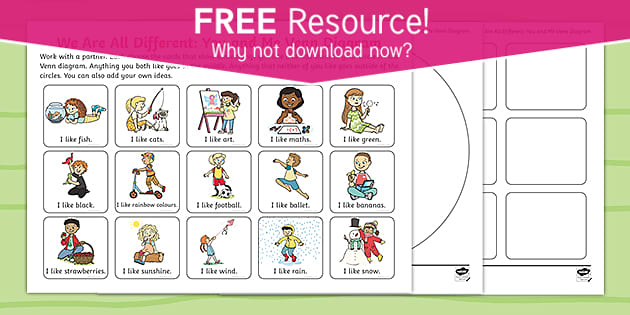 We Are All Different: You and Me Sorting Venn Diagram Worksheet