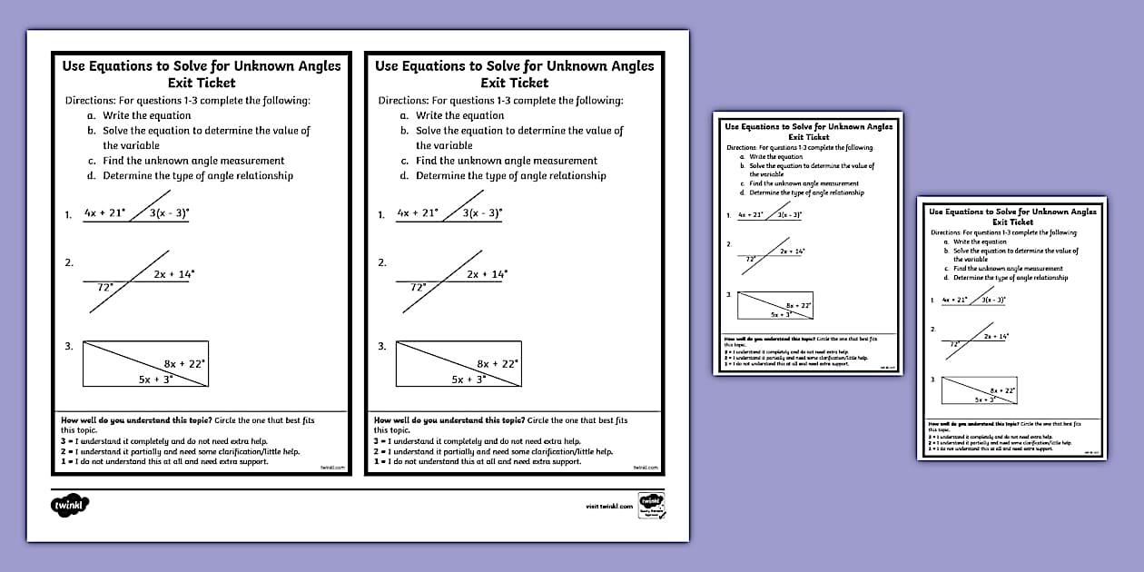 Seventh Grade Use Equations to Solve for Unknown Angles