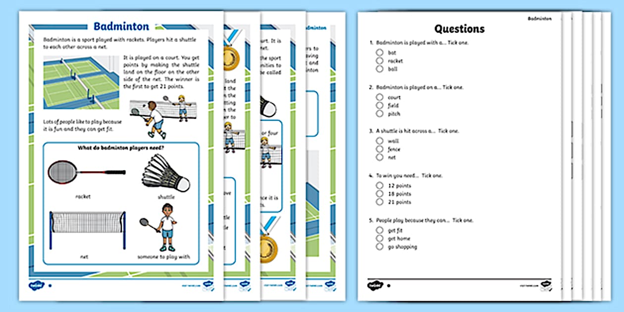 First Level Badminton Reading Comprehension (teacher made)