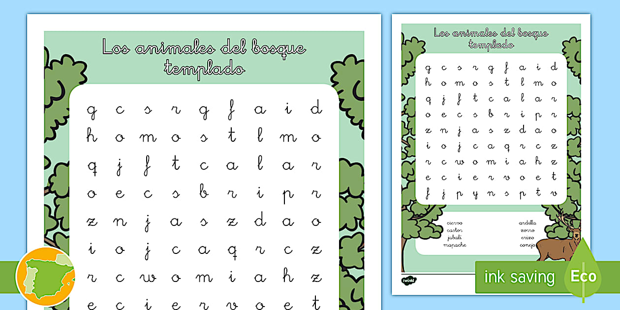 Sopa de letras: Los animales del bosque templado - Twinkl