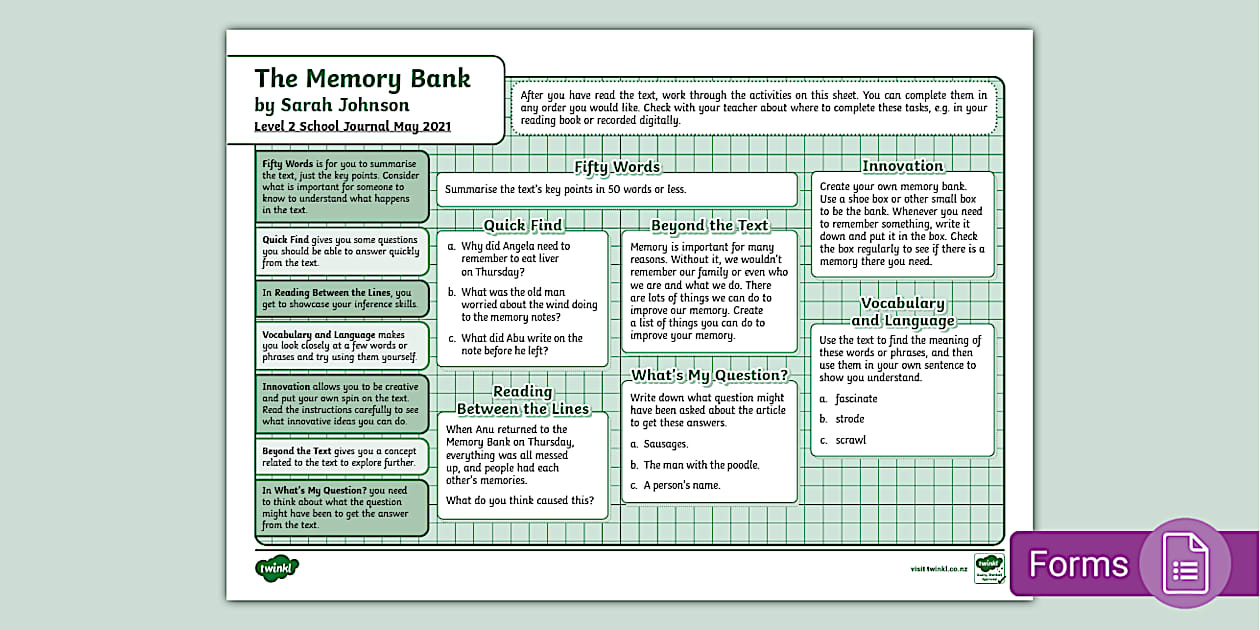 Level 2 May 2021 School Journal: The Memory Bank