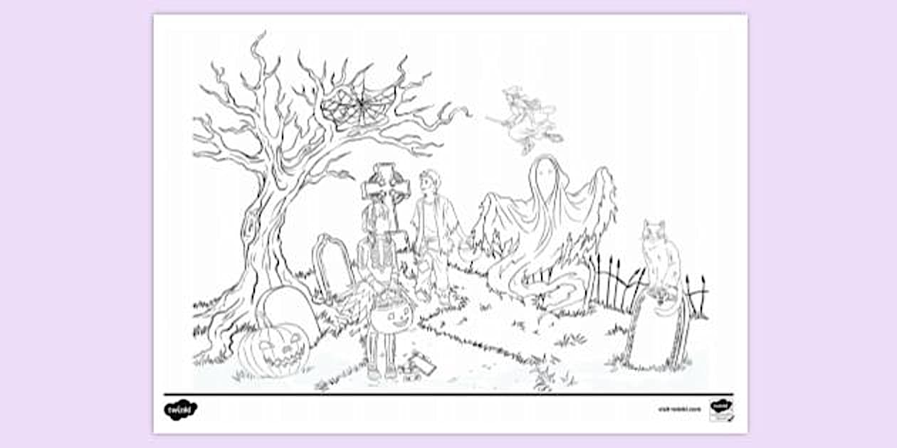 Spooky Graveyard - Halloween Horror Colouring Sheet - Twinkl