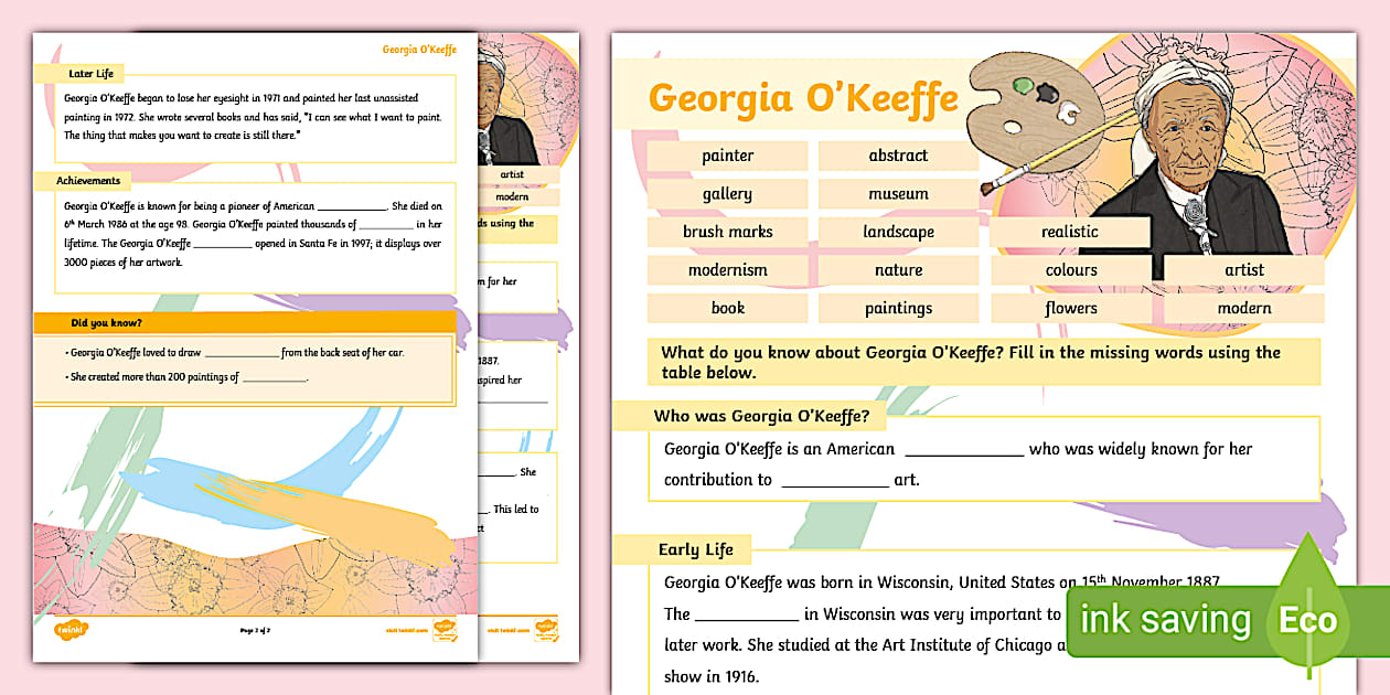 Georgia O'Keeffe Cloze Worksheet (Teacher-Made) - Twinkl