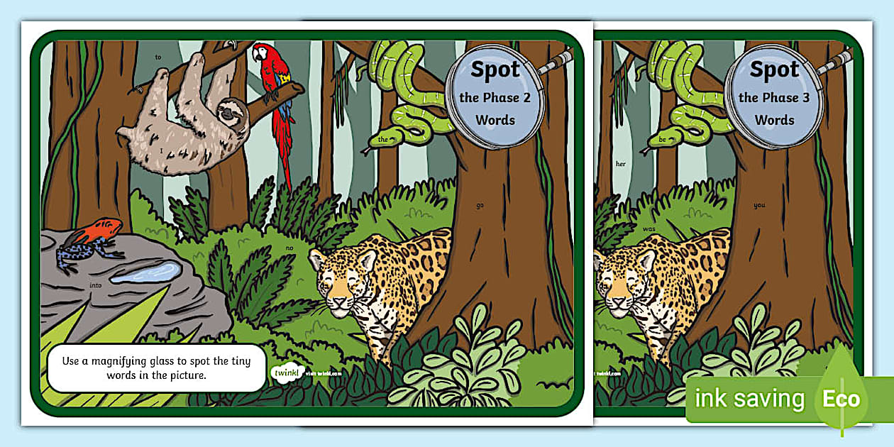 Phase 2 & 3 Tricky Words on Animal Scene Magnifying Glass Worksheet