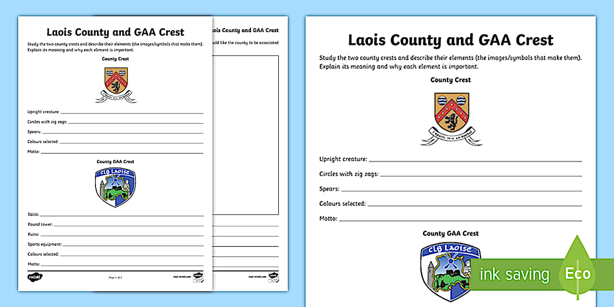Laois County and GAA Crest Worksheet / Worksheet - Twinkl