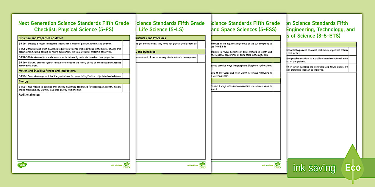 Next Generation Science Standards Fifth Grade Checklist