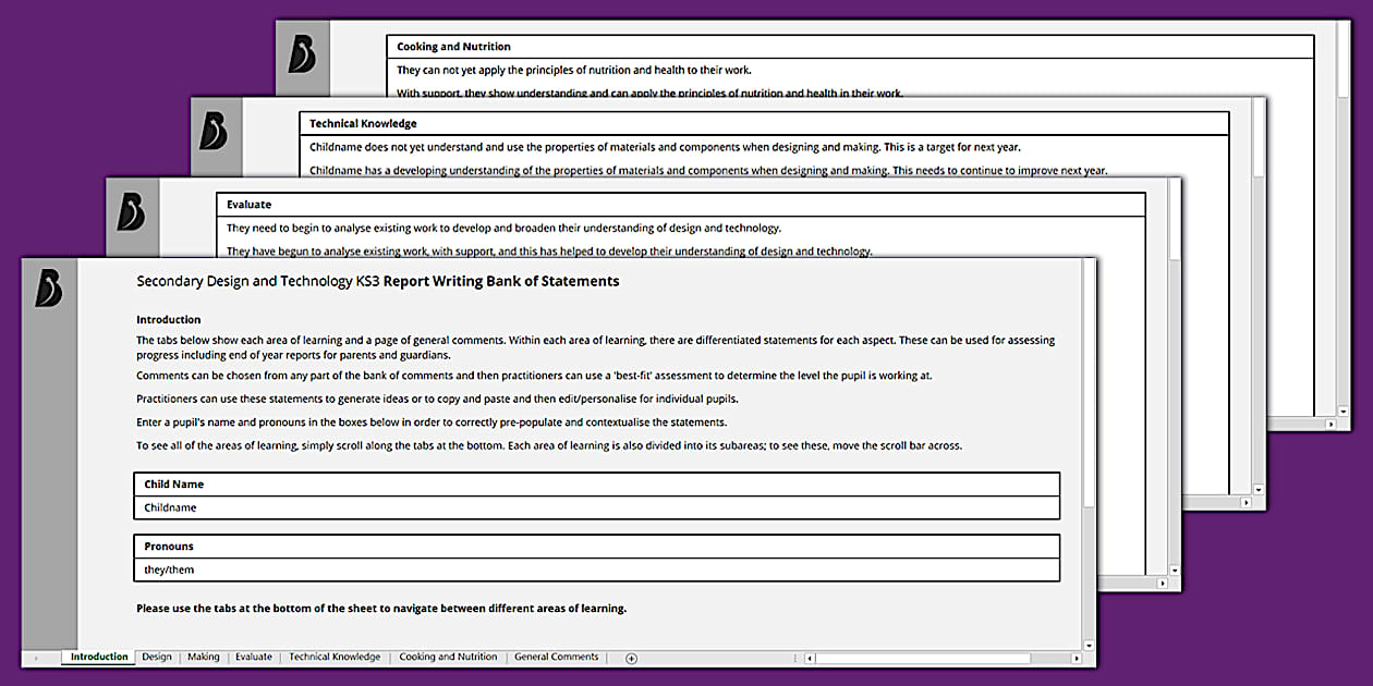 Design and Technology KS3 Report Writing Bank of Statements
