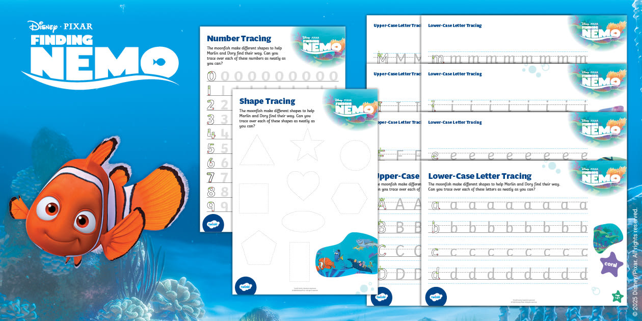Finding Nemo: Letters, Numbers and Shapes Tracing Activity Pack