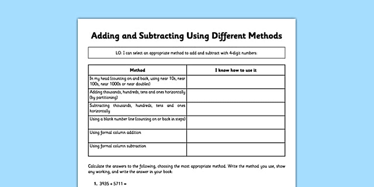 Adding and Subtracting Using Different Methods - Twinkl