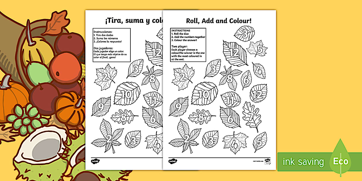 Leaf Roll and Colour Dice Addition Activity - English/Spanish - Leaf ...