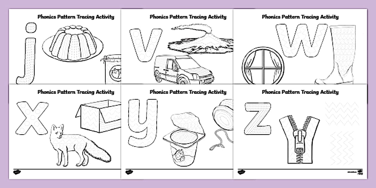 SA j, v, w, x, y, z Phase 3 Phonics Pattern Tracing Activity