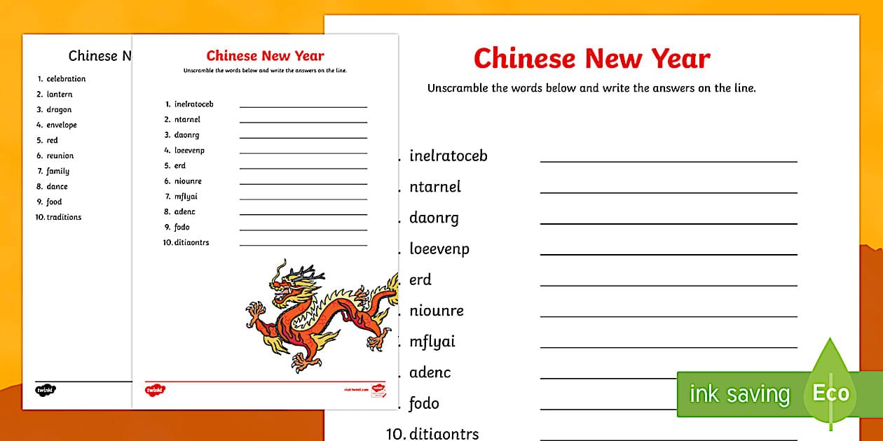 Black and White Chinese New Year Word Unscramble - Twinkl