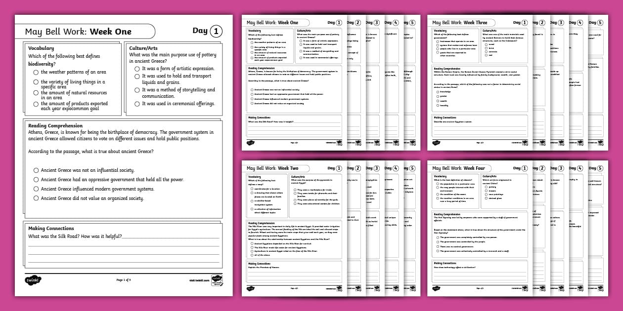 Sixth Grade Social Studies May Bell Work Bundle - Twinkl