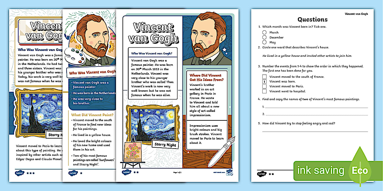 Vincent van Gogh Reading Comprehension PDF – KS1 Resource