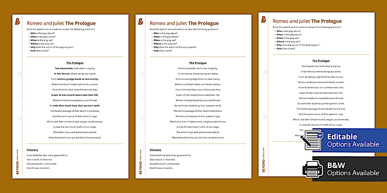 Romeo and Juliet Prologue Annotation Worksheet | Beyond