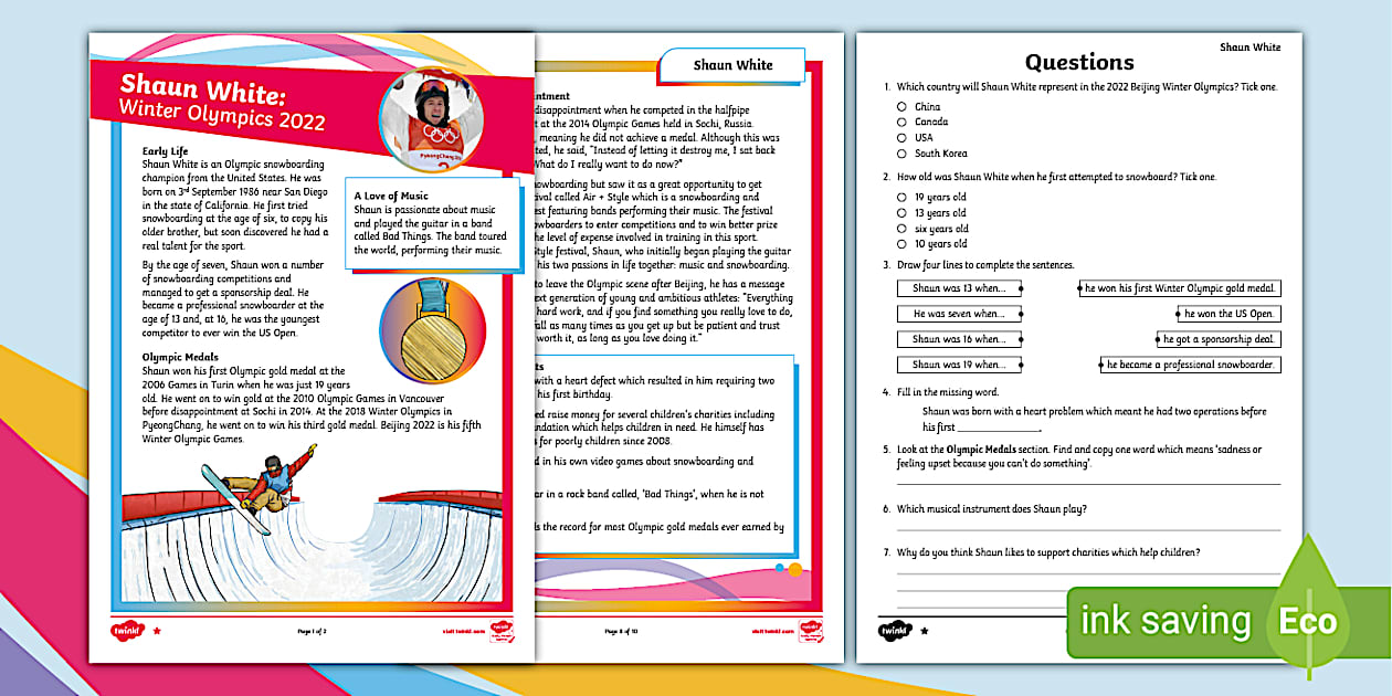 LKS2 Shaun White Winter Olympic Athlete Differentiated Reading ...