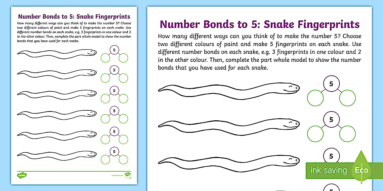 Black and White Number Bonds to 5: Snake Fingerprint Maths Activity