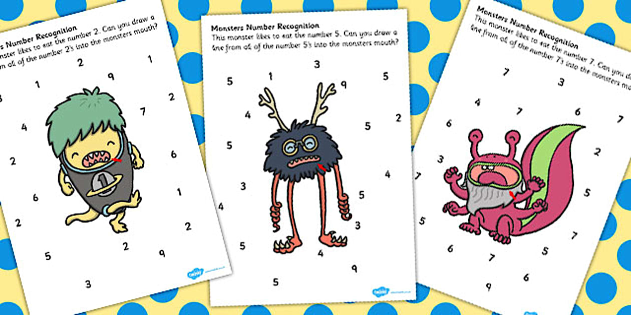 Black and White Number Recognition Monster Worksheet