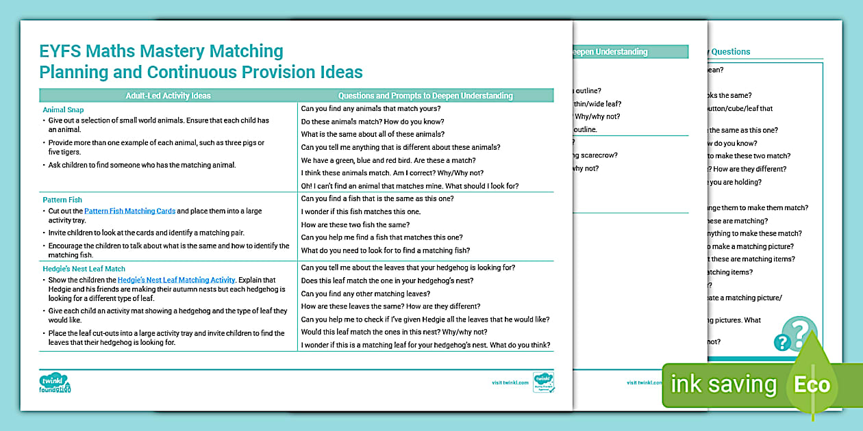 EYFS Maths Matching Planning and Continuous Provision Ideas