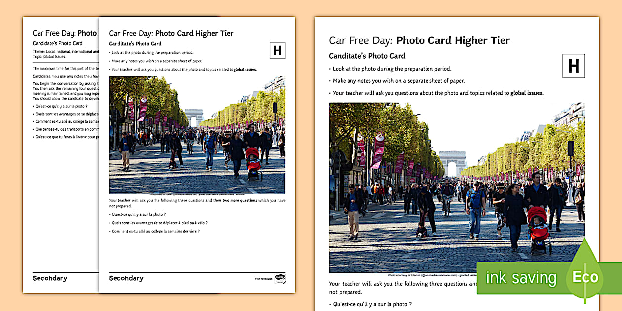 Car-Free Day GCSE Higher Tier Photo-Card French - Twinkl