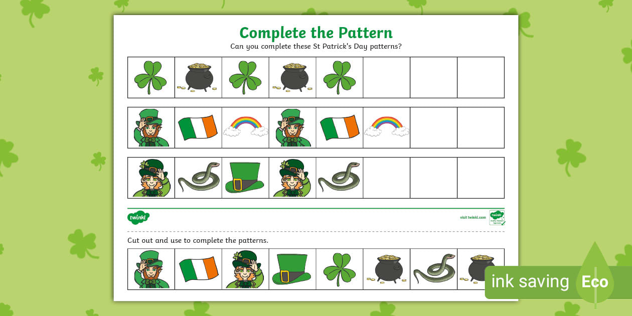 St. Patrick's Day Complete the Pattern Worksheet / Worksheet