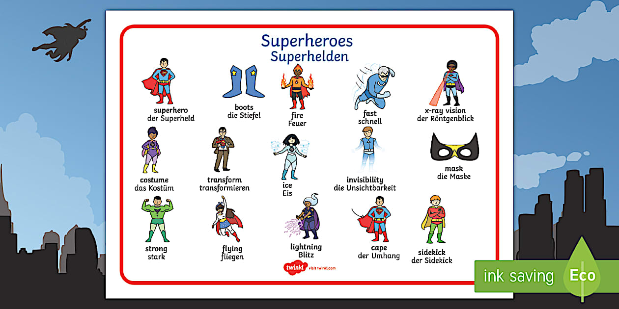 Superhero Word Mat English/German (teacher made) - Twinkl
