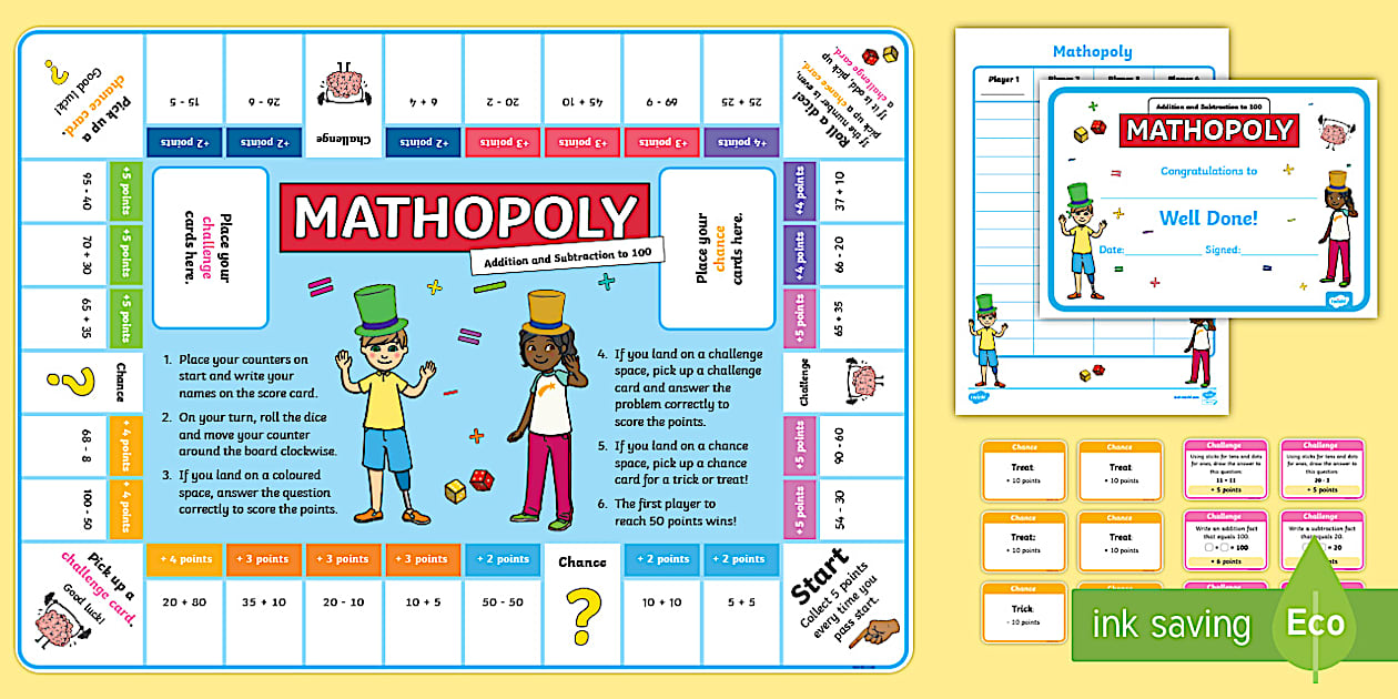 Addition and Subtraction Within 100 Mathopoly Board Game