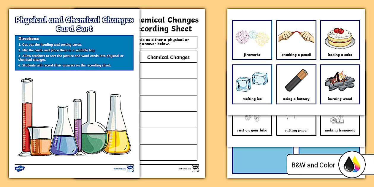 Physical and Chemical Changes Sorting Worksheet for 3rd-5th Grade