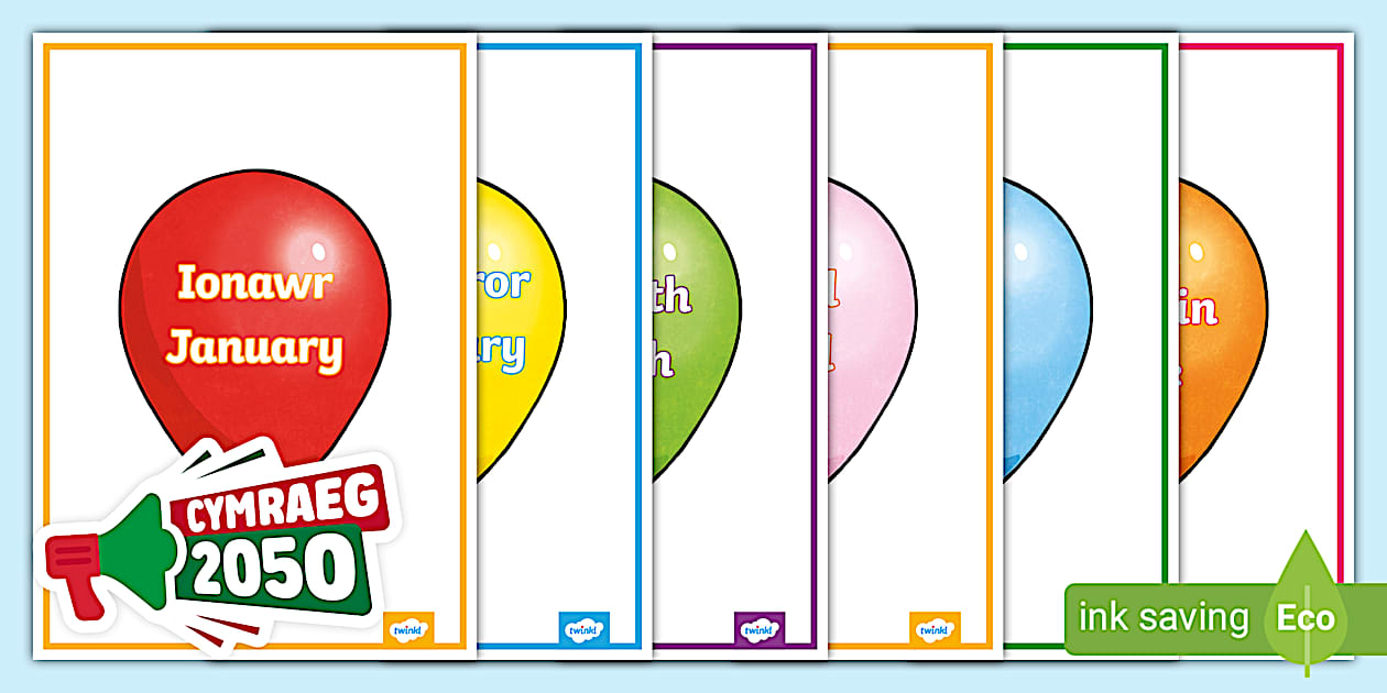 Editable Welsh Birthday Months Balloons Display Posters