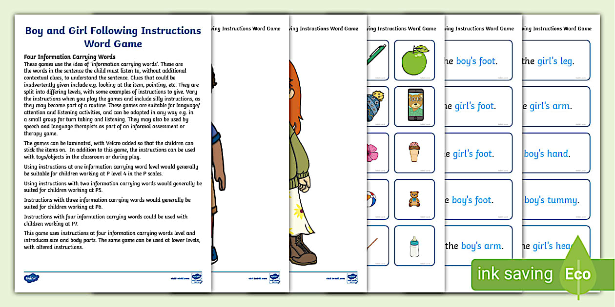 Boy and Girl Following Instructions – 4 ICWs Game - Twinkl