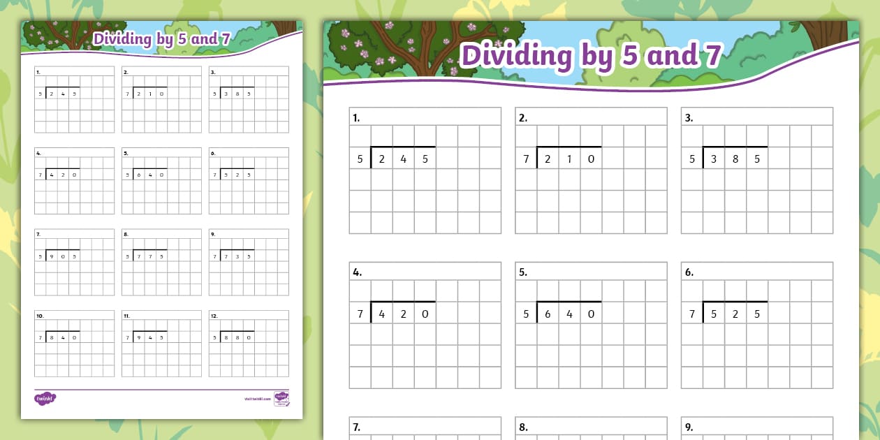 Spring-Themed Dividing 3-Digit Numbers by 5 and 7 Worksheet