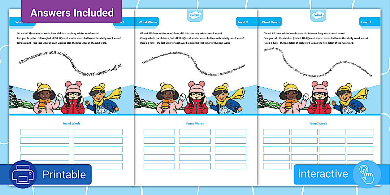 Winter Word Worm - AL - Twinkl - Kids Puzzles - Twinkl