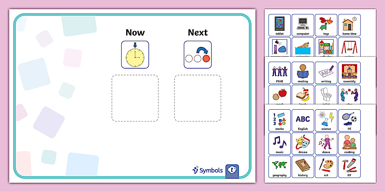 Twinkl Symbols: At School Now and Next Board (teacher made)