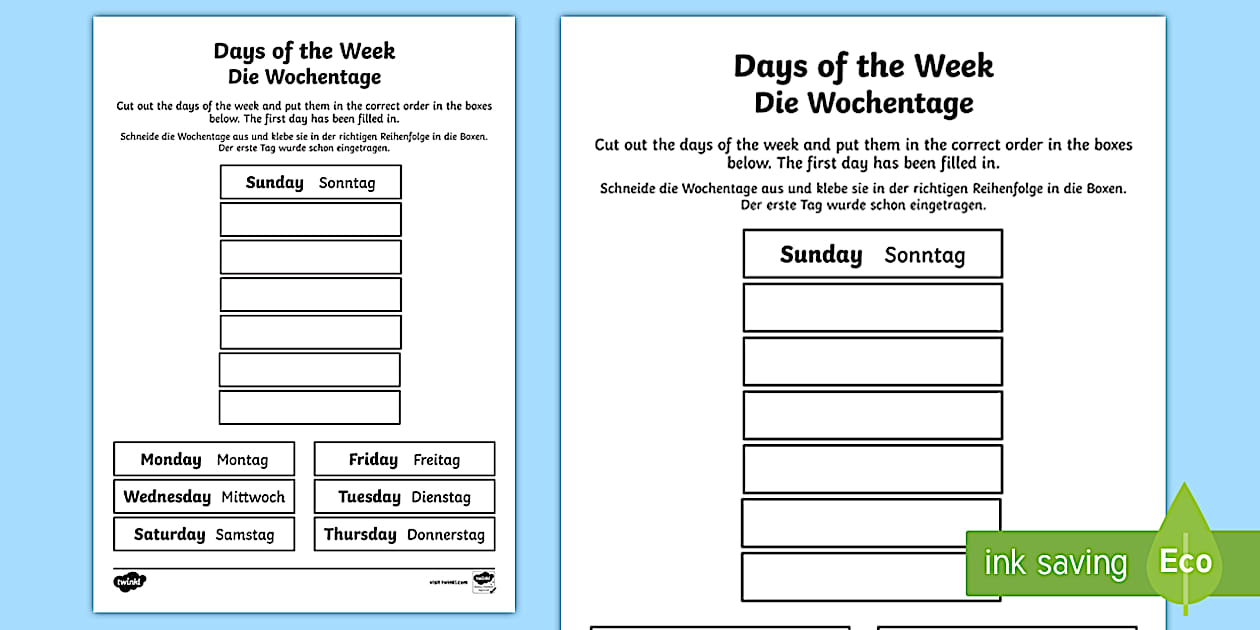 Days of the Week Cut and Stick Worksheet / Worksheet English/German