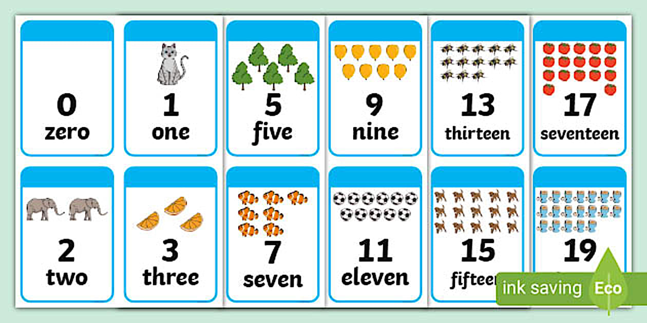Black and White Picture Number Cards With Words and Numerals 0 to 20