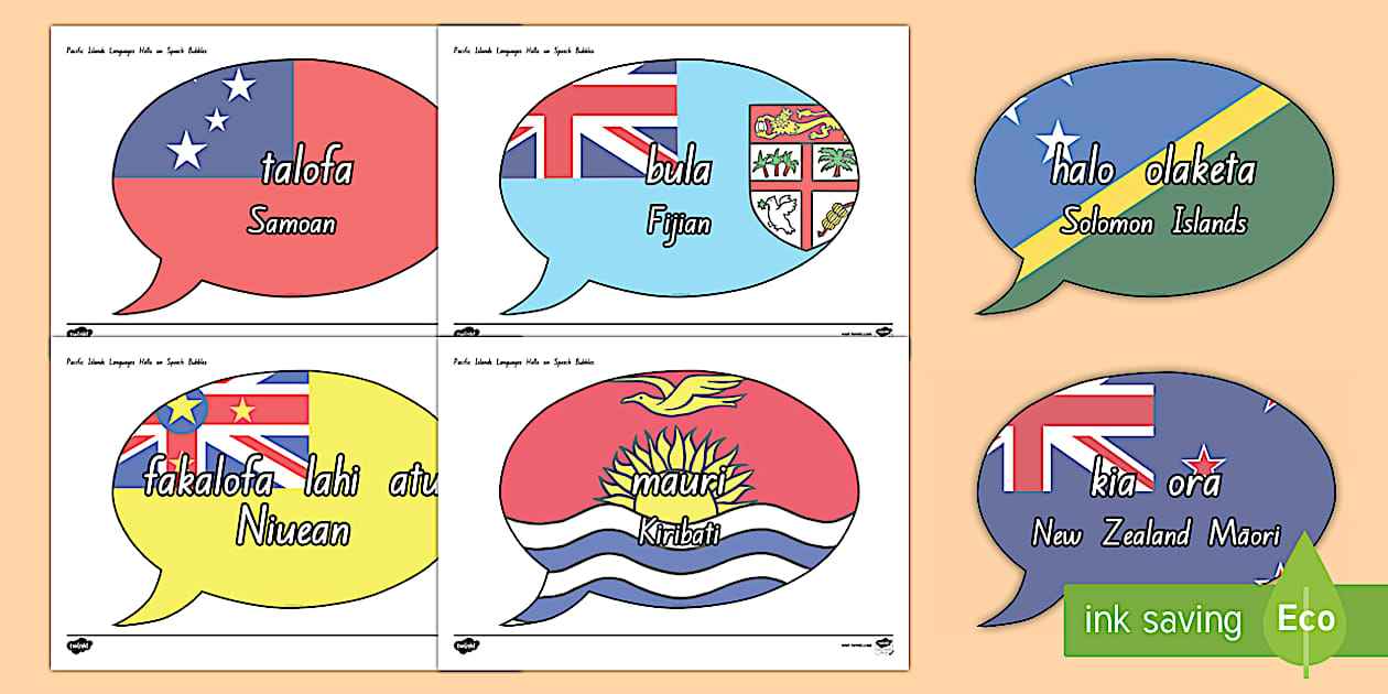 Editable Pacific Islands Languages 'Hello' on Speech Bubbles